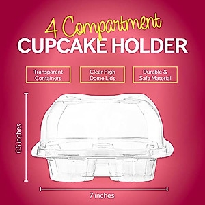 Plastic Cupcake Containers Boxes | 4 Compartment – 50 Pack | Disposable High Dome Cupcake Holder With Lid Bulk | Extra Sturdy And Stackable Cupcake Boxes | Durable Muffin Packaging Transporter To Go