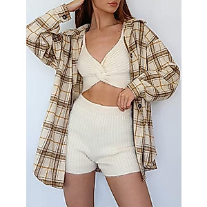 ZAFUL Women's Plaid Long Sleeve Shirt Button Down Wool Blend Thin Jacket Casual Blouse Tops with Pocket