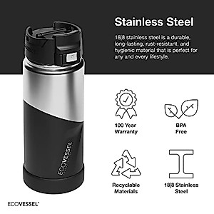 EcoVessel PERK Trimax Vacuum Insulated Stainless Steel Travel Bottle for Coffee & Tea with Push Button Locking Top – 16oz (White Out)