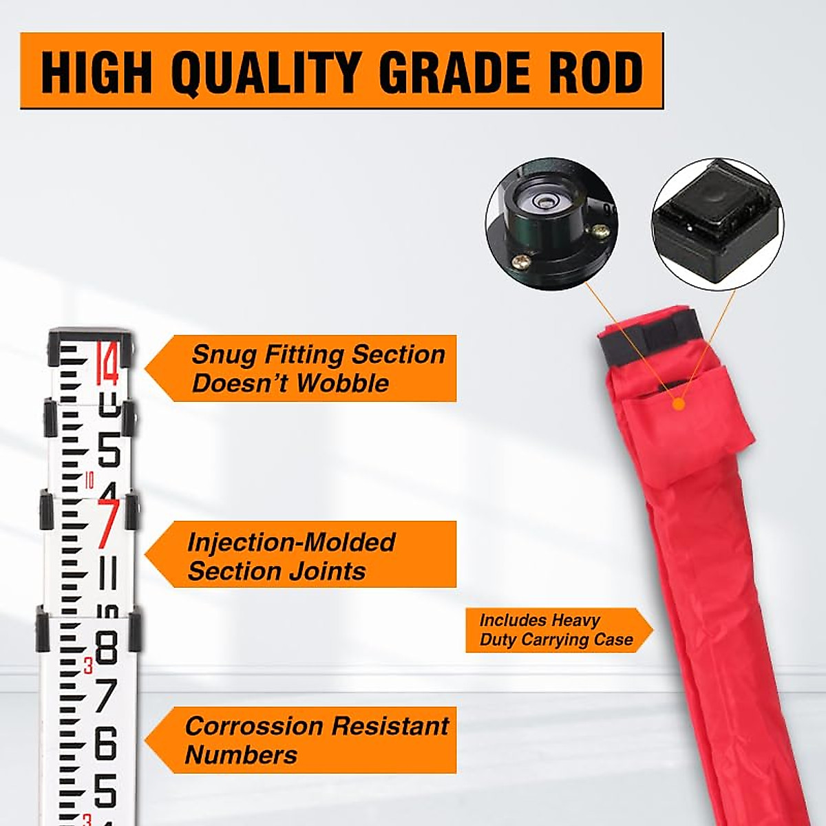 GEOLENI Aluminum Grade Rod - 10ths, With Carrying Case and Rod level (14 Foot)