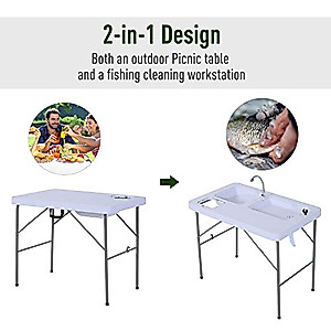 Outsunny Portable Folding Camping Sink Table with Faucet and Dual Water Basins, Outdoor Fish Table Sink, 40''