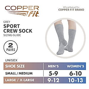 Copper Fit unisex adult Crew Sport - 2 Pack Running Socks, Gray, Large-X-Large US