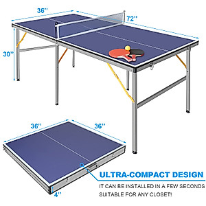 KL KLB Sport 6ft Mid-Size Table Tennis Table Foldable & Portable Ping Pong Table Set for Indoor & Outdoor Games with Net, 2 Table Tennis Paddles and 3 Balls
