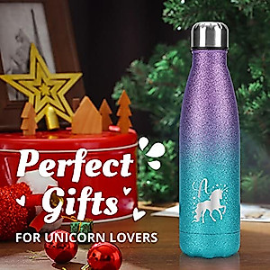 Unicorn Stainless Steel Water Bottle, Unicorn Gifts, Unicorn Party Supplies, Double Wall Vacuum Insulated Thermo Bottle Glitter Purple 17oz/500ml - Initial C