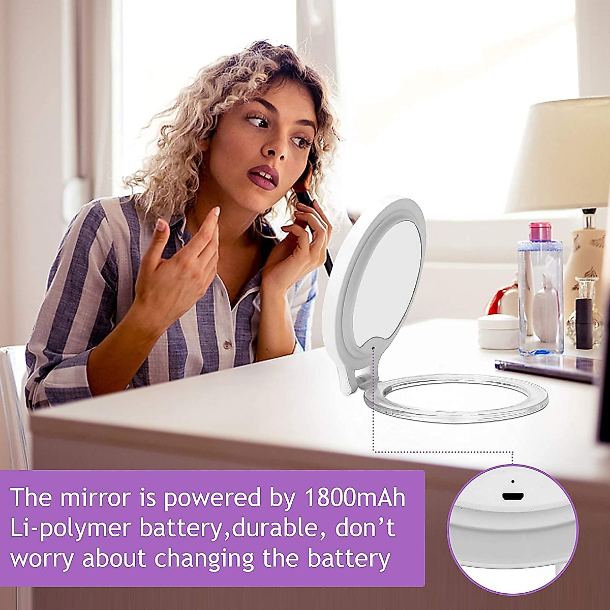 Flymiro Lighted Makeup Vanity Mirror with 10X 1X Double Sided Magnification Mirror, 3 Color Lighting, Rechargeable Tabletop Desk LED Foldable Travel Cosmetic Mirror with Lights