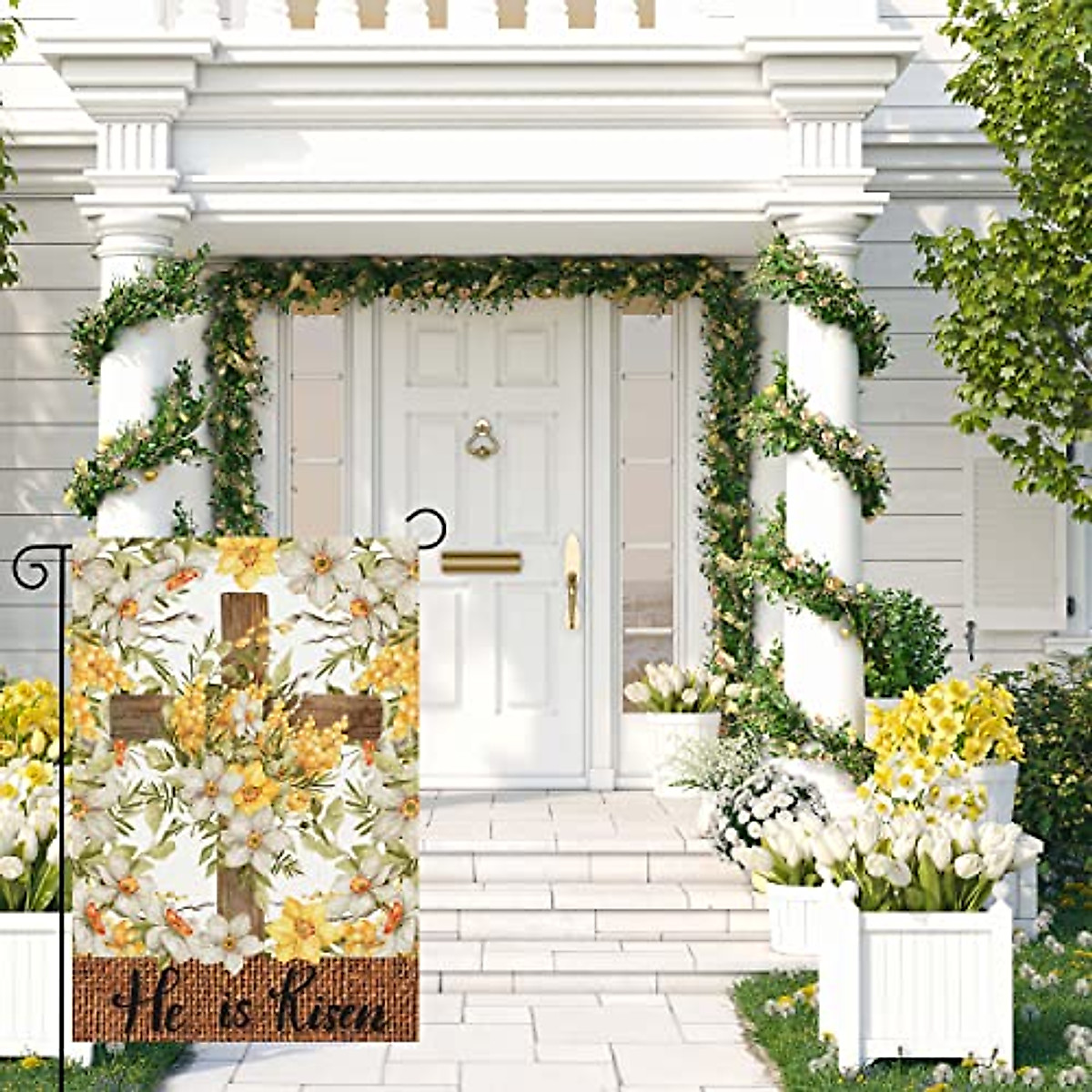 Linen He Is Risen Spring Easter Garden Flag Double Sided Welcome Farmhouse Yard Outdoor Decoration Cross Daffodil Flower Garden Flag Yard 12.5" X 18"