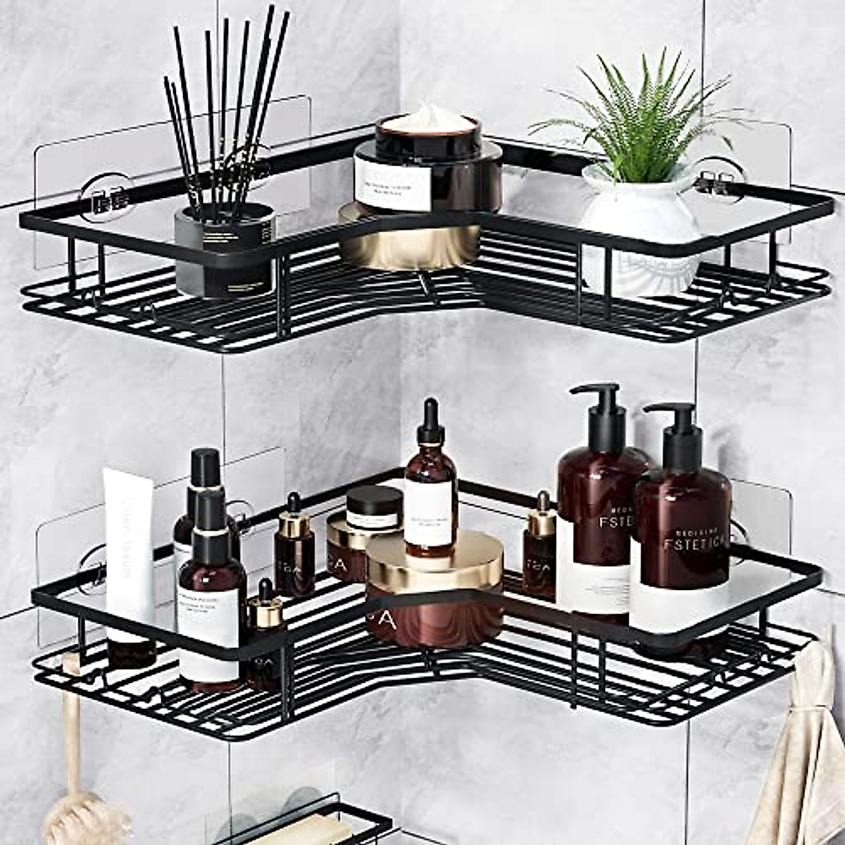 Ookeg 2 Pack Shower Caddy Corner, Corner Shower Shelf for Bathroom, 2 Tier Shower Corner Shelf with 8 Hooks, No Drilling Self Adhesive