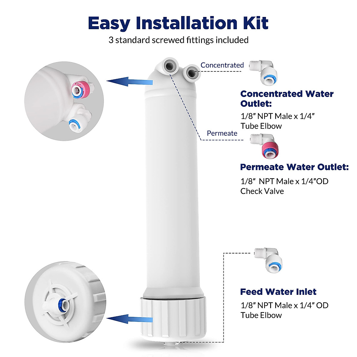Membrane Solutions 75 GPD RO Membrane, Reverse Osmosis Membrane with Membrane Housing, Wrench, 1/4" Quick-Connect Fittings, Check Valve, Replacement for Under Sink Home Drinking RO Water Filter System
