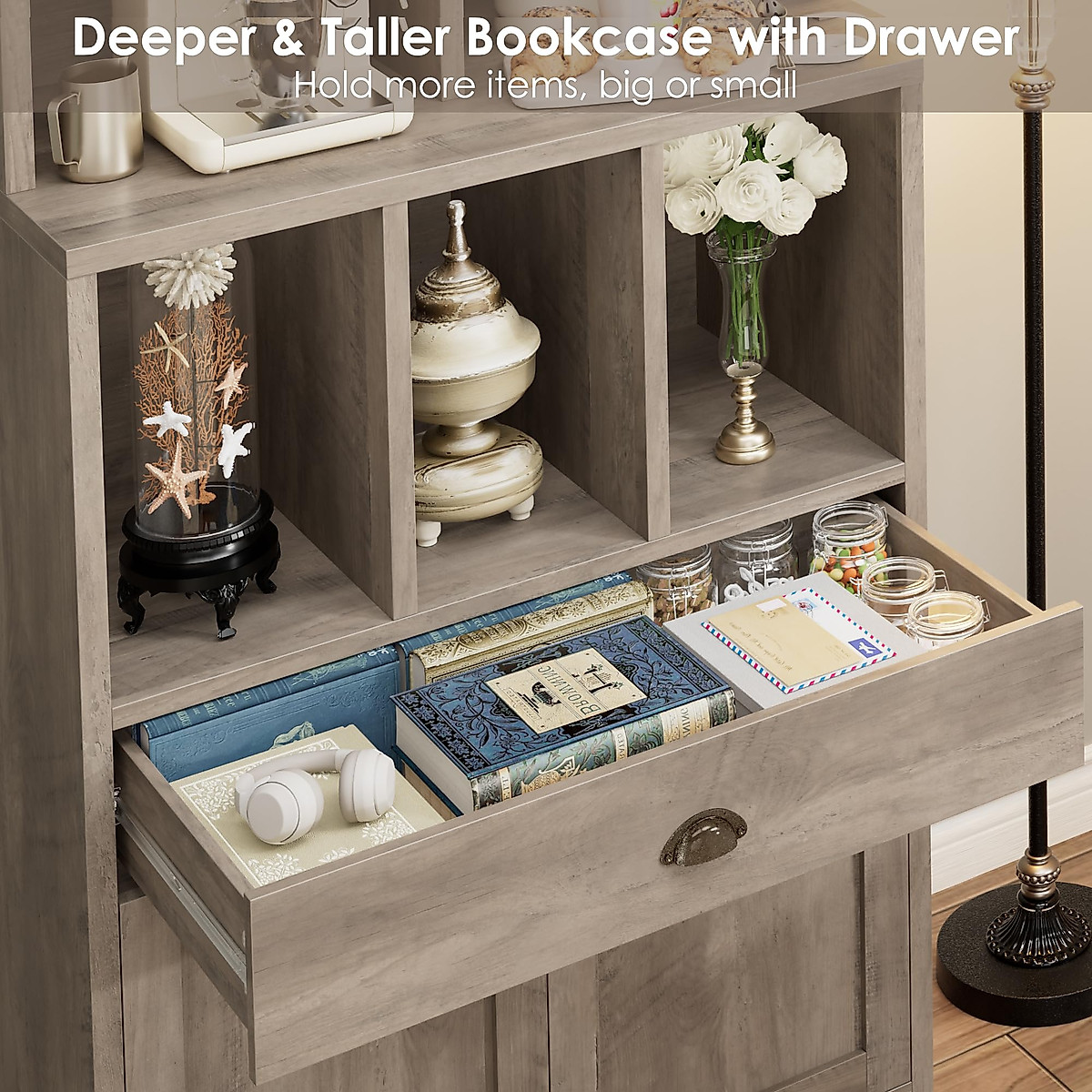 Keyluv 80” Tall Bookcase with Drawer and Doors, Grey Bookshelf with Adjustable Cabinet, Deep Book Shelf Case with Storage and 9 Open Cubes for Living Room/Home Office, Wood Gray Wash