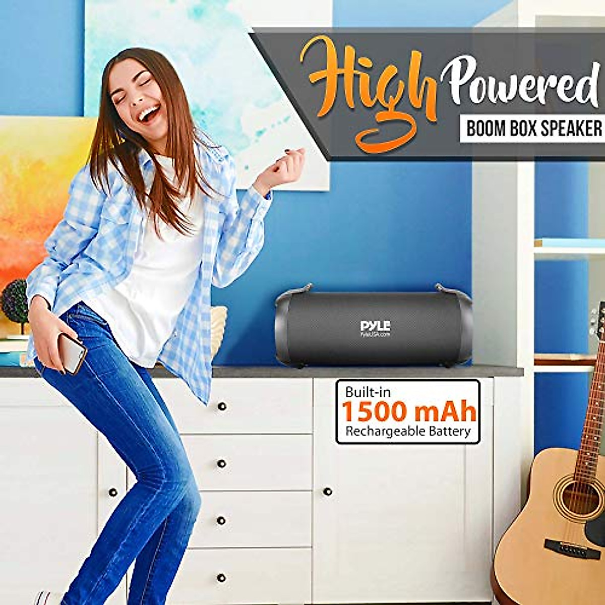 Pyle Wireless Portable Bluetooth Boombox Speaker - 100 Watt Rechargeable Boom Box Speaker Portable Music Barrel Loud Stereo System with AUX Input, MP3/USB/SD Port, Fm Radio, 2.5" Tweeter PBMSPG3BK