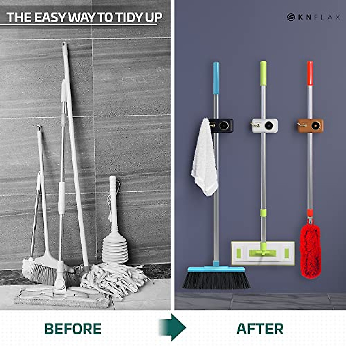 KN FLAX Broom Holder Wall Mount Self Adhesive Broom Gripper, Cleaning Supplies and Household Hanger for Storage, Laundry and Apartment Room, Must Have Organizer, Multi-Functional Holders - Green