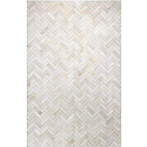 100% Cow Hide Leather Handwoven Flat Weave Patchwork Hand Made Hair Hide Area Rugs Carpet, Beige / Silver, 9.0x12.0 (MC1001-912)