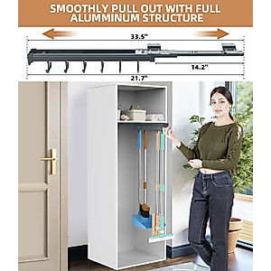 PrimZooty Pull Out Broom Holder, Multifunctional Slide Broom And Mop Storage/Organizer With Adjustable Double Row Sliding Hook, Garage Organization Hooks, for Closet Laundry Garage Kitchen - Dark grey