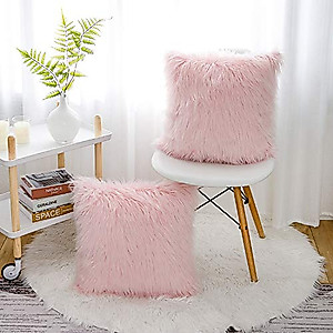 WLNUI Set of 2 Pink Fluffy Pillow Covers New Luxury Series Merino Style Blush Faux Fur Decorative Throw Pillow Covers Square Fuzzy Cushion Case 18x18 Inch