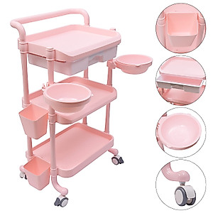 3 Tier Rolling Salon Trolley Stand Be-au-ty S-P-A Storage Organizer Stand Mobile Service Cart Storage Tray for Equipment Hair Salon Tool Rack, 330lbs Loading,18.9x13x33.3in (Pink)