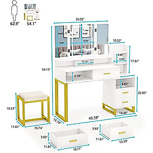 Vanity Set with Tri-fold Makeup Mirror, 45.59'' Large Vanity Desk with Charging Station, 3-Color Adjustable Touch Light, 5 Drawers, Storage Shelves&Cushioned Stool Makeup Vanity for Bedroom (White)