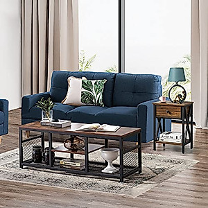 VECELO 47" Coffee Table with Storage Shelf for Living Room Industrial Wood and Metal Frame Easy Assembly Brown