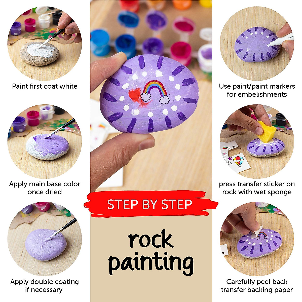 Rock Painting Kit for Kids | Arts & Craft Kits for Girls & Boys with 10 Assorted River Rocks, Acrylic Paints, Paintbrushes, Art Smock, Paint Markers, Stickers & Loads More