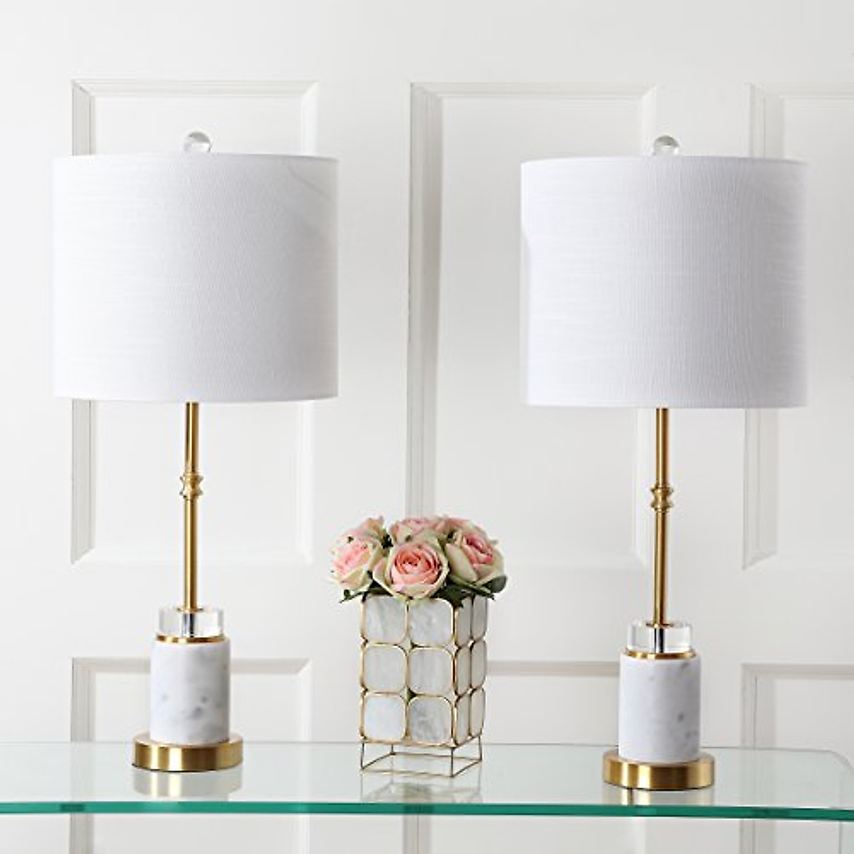 JONATHAN Y JYL5003A-SET2 Set of 2 Table Lamps Harper 27" Marble/Crystal LED Table Lamp Modern Contemporary Bedside Desk Nightstand Lamp for Bedroom Living Room, White/Brass Gold
