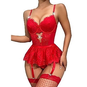 GORGLITTER Women's 4 Piece Lingerie Set Floral Lace Bodysuit Lingerie with Garter Belt and Stocking Red Medium