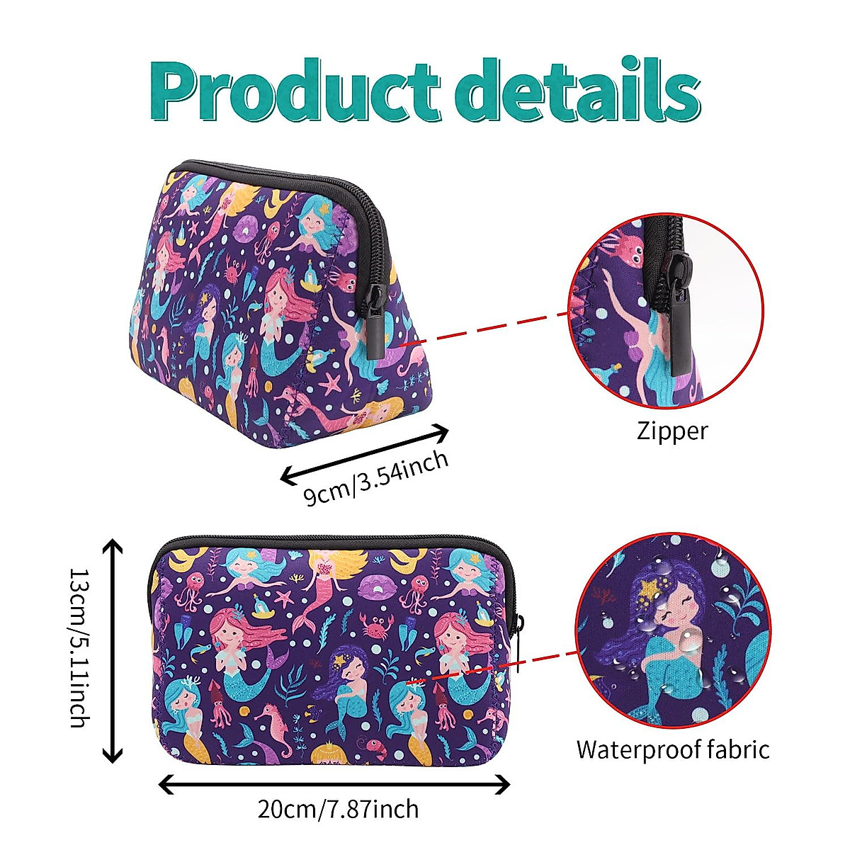 AJLTPA Cosmetic Bag Waterproof Neoprene Zipper Pouch Travel Portable Toiletry Makeup Bags Organizer Case for Women and Girls, Cute Mermaid