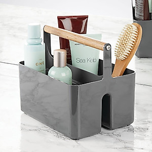 mDesign Plastic Portable Shower Caddy Divided Basket Bin Storage Organizer with Bamboo Handle for Bathroom, Dorm, Shelf & Cabinet Holds Shampoo, Conditioner - Aura Collection, Cream/Natural