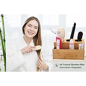 HHE Bamboo Hair Dryer Holder For Bathroom Hair Accessories Curling Iron Styling tools Makeup Cosmetics Organizer for Countertop Wall Mountable All Natural Bamboo