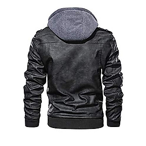 HOOD CREW Men’s Casual Stand Collar PU Faux Leather Zip-Up Motorcycle Bomber Jacket With a Removable Hood
