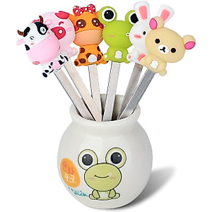 Zeltauto 6 Pcs Fruit Forks Cute Cartoon Animal Food Picks for Kids Mini Salad Cake Dessert Toothpicks Forks with a Ceramic Holder for Party Supply(Cartoon)