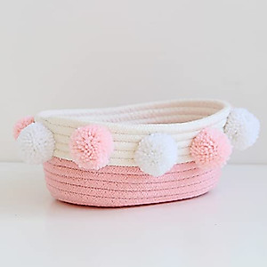 RengaoRise Small Pink Basket with Pompoms, 10.6" x 9.8" x 4.3" Oval Decorative Cute Cotton Rope Woven Baby Basket for Diapers, Towels, Hair Accessories,Toys, Gifts, Basket Empty to Fill for Baby Shower, Nursery, Birthday