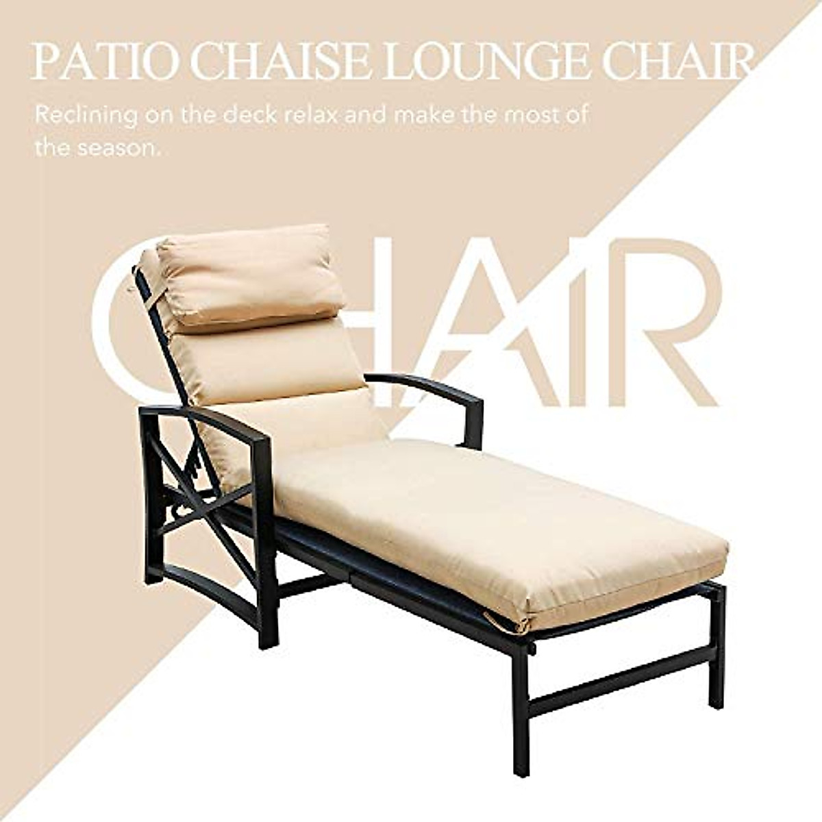 LOKATSE HOME Patio Chaise Lounge Chair Outdoor Furniture Reclining Adjustable with Cushion and Soft Pillow for Pool, Deck, Yard, Khaki
