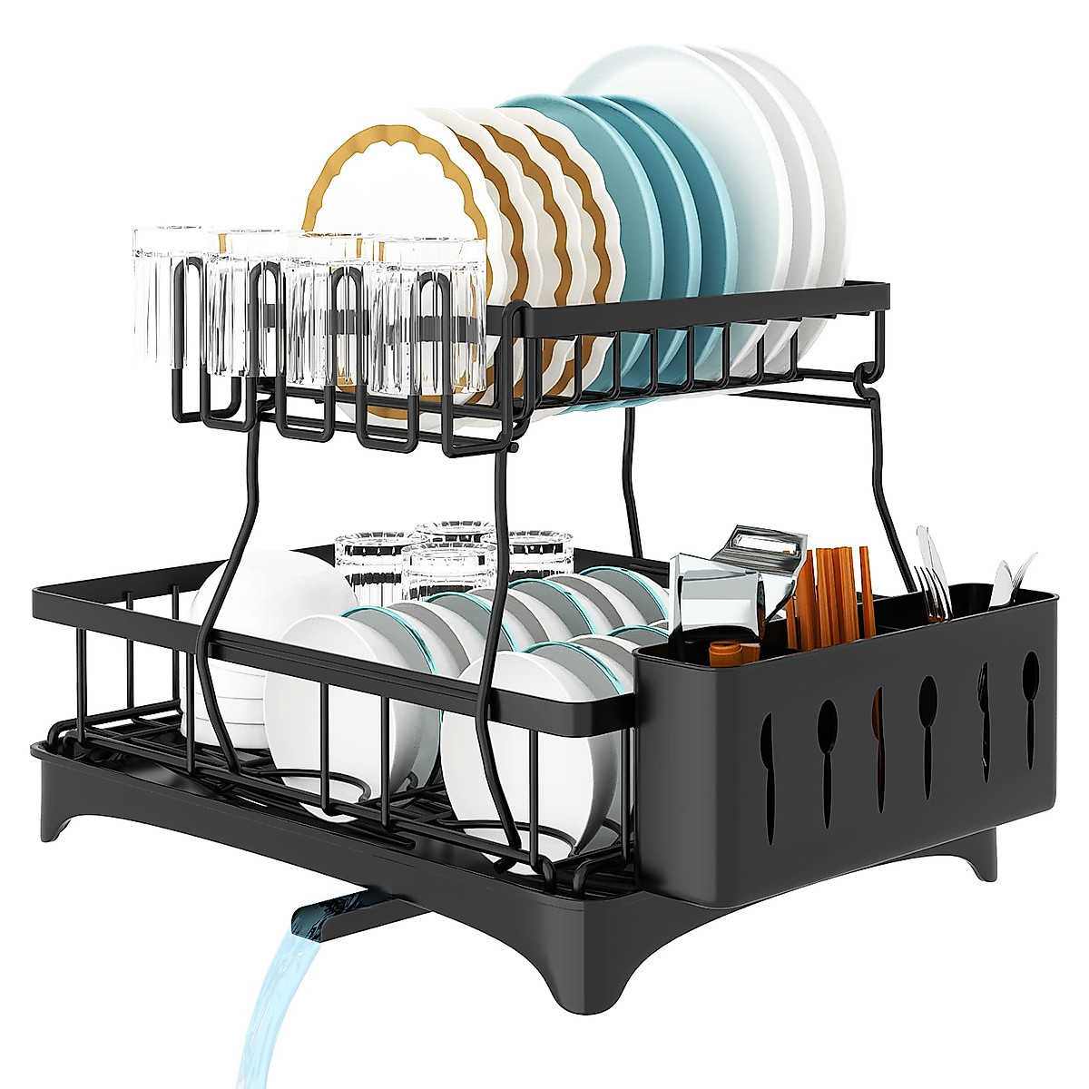YQYHO 2-Tier Dish Drying Racks for Kitchen Counter with 360° Retractable Drainage System, Large-Capacity Collapsible Anti-Corrosion Dish Rack(Black)
