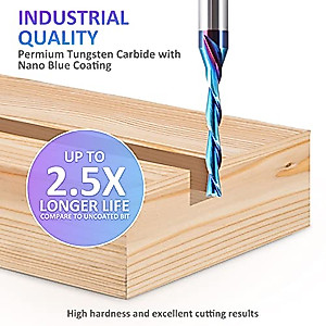 HQMaster Spiral Router Bits Down Cut 1/4 inch Shank Solid Carbide Nano Blue Coated Spiral Downcut CNC Bits End Mill for Wood Cut Carving Engraver (1/8" Cutting Diameter)