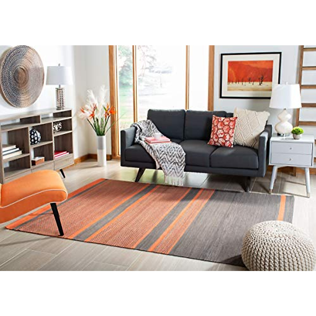 SAFAVIEH Kilim Collection Area Rug - 9' x 12', Dark Grey & Orange, Handmade Flat Weave Wool, Ideal for High Traffic Areas in Living Room, Bedroom (KLM952C)