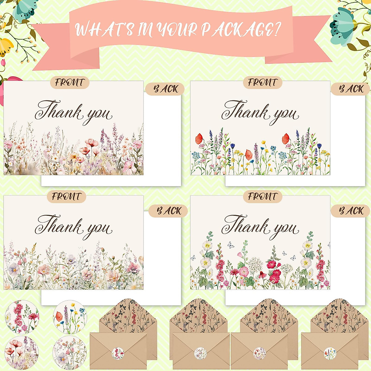 Noveread 300 Pieces Wildflower Thank You Cards with Floral Envelopes 4 x 6 Inch, Thank You Notes with Envelopes Set with Floral Thank You Cards and Stickers for Birthday Wedding Bridal Shower