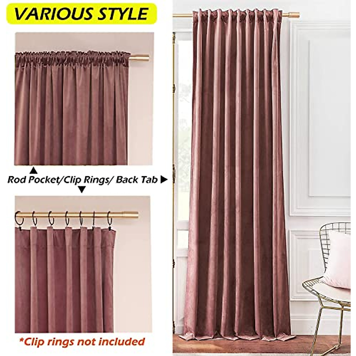 Timeper Mauve Velvet Curtains - Wild Rose Pink Light Blocking Bedroom Curtains 96 inches for Kids Gilrs, Back Tab Luxury Curtains for Dining/Nursery, W52 x L96, 2 Panels