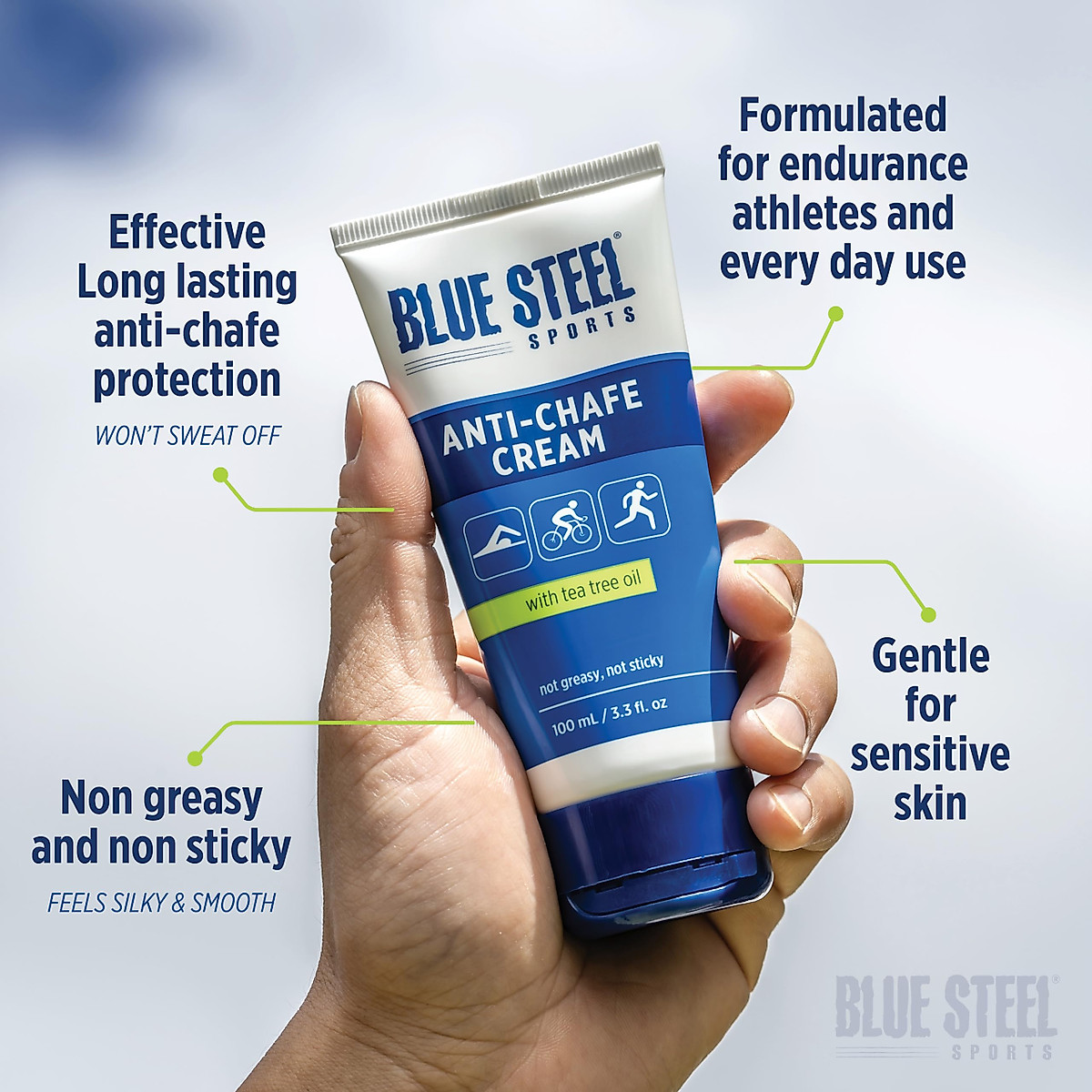 Blue Steel Sports Anti Chafe Cream | Long lasting Chafing Protection | Water & Sweat Resistant | Non Sticky & Non Greasy | Non Staining| Whole Body Protection | Gentle on Sensitive Skin