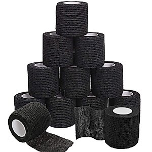 Self Adherent Cohesive Bandages 2" x 5 Yards - 12 Pack Self Adherent Wrap Medical Tape, Black Adhesive Flexible Breathable First Aid Gauze Wrap for Medical Use, Sports, First Aid Wrist Ankle (Black)