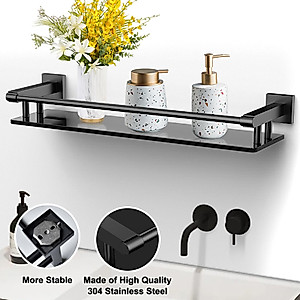 SFGSOWOR Bathroom Glass Shelf with Towel Bar/Rack 20 inches Wall-mounted Shelves Tempered Glass Sink Toilet Organizer Shower Towel Decorative Storage (Matte Black, 20‘’)