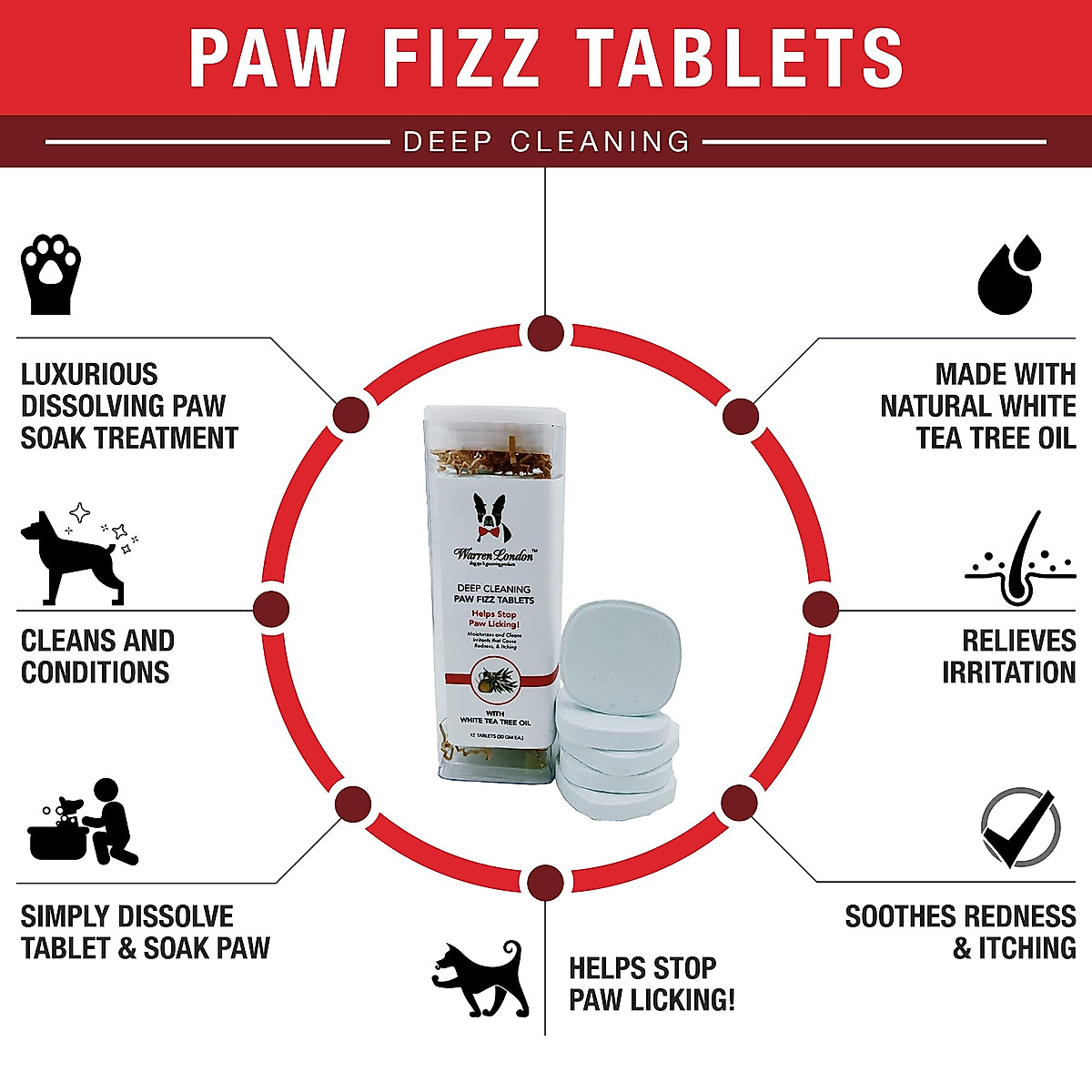 Warren London Deep Cleaning Paw Soak | Soothing Itchy Paw Relief for Dogs with Seaweed, Tea Tree Oil, & Aloe Vera | Anti Licking for Dogs Paws | 5 Minute Paw Spa Service at Home | Tablets & Spray