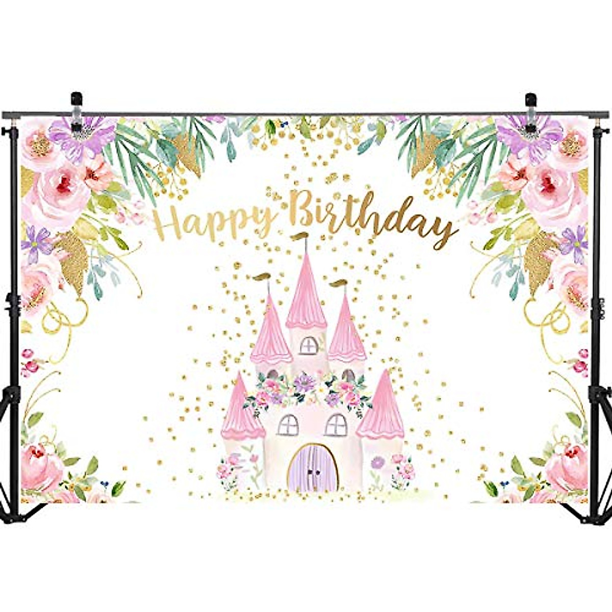 Mocsicka Pink Castle Birthday Backdrop Princess Floral Birthday Party Decorations Photo Backdrops Gold Dots Sweet Girl's Bday Photography Background (7x5ft)