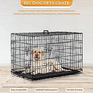 PayLessHere Large Dog Crate Kennel for Medium Large Dogs Metal Dog Cage Double-Door Folding Travel Indoor Outdoor Puppy Playpen with Divider and Handle Plastic Tray (42 Inch, Black)