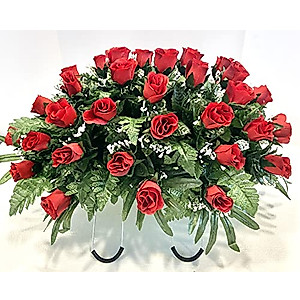 Cemetery Flowers for Grave Decoration with Red Rose Buds and Baby's Breath made into a Saddle Arrangement for Headstones