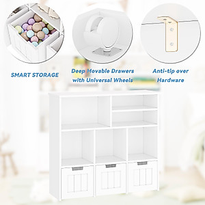 Toy Storage Cabinet with 3 Movable Drawers & 6 Cubes, Children's Toy Shelf Kids Bookshelf with Hidden Wheels, Kids Bookcase Toy Storage Organizer for Bedroom & Playroom & Nursery