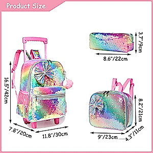 Oruiji Sequin Rolling Backpack for Girls Backpack with Wheels Wheeled Backpack and Lunch Bag Set for Elementary Girls