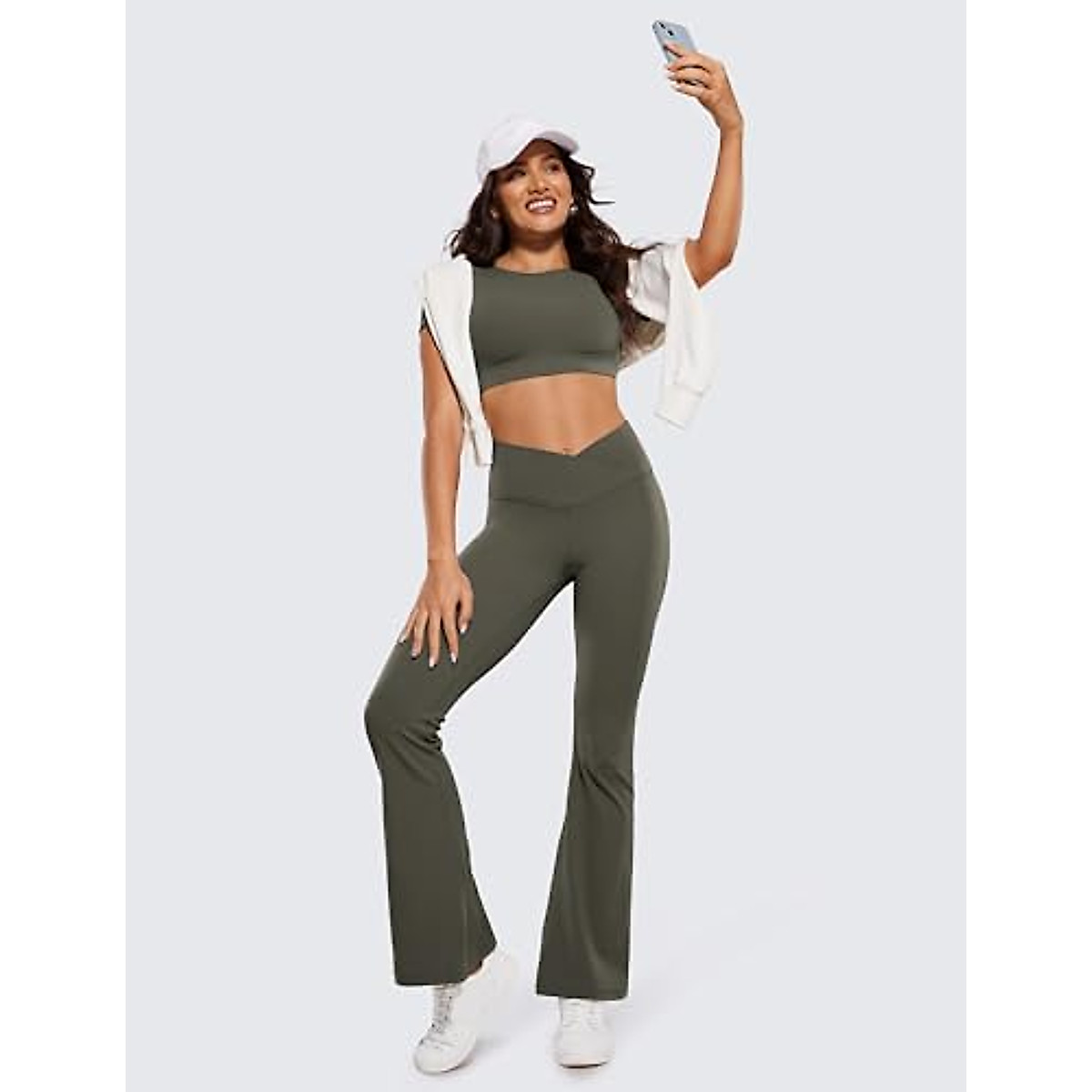 CRZ YOGA High Waist Crossover Flare Leggings for Women 31" - Bootcut Bell Bottoms V Cross Yoga Pants Light Army Green Medium