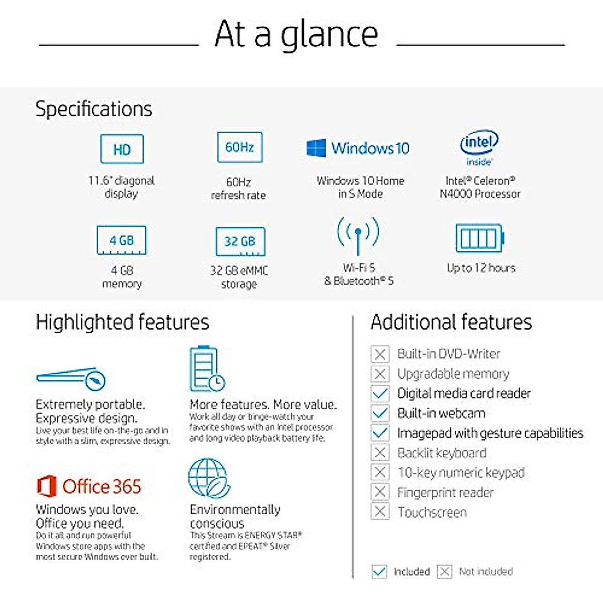 HP Stream 11.6-inch HD Laptop, Intel Celeron N4000, 4 GB RAM, 32 GB eMMC, Windows 10 Home in S Mode with Office 365 Personal for 1 Year (11-ak0010nr, Royal Blue)