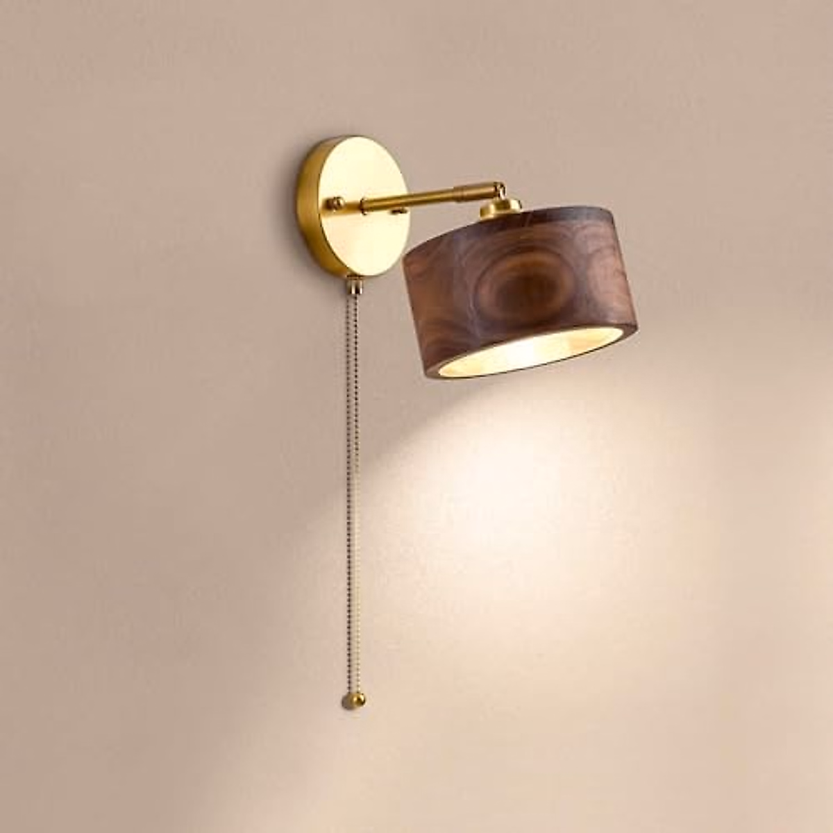 VUCICA Modern Simple Wall Lamp Adjustable Bedside Wall Sconce Walnut Wall Light with Pull Cord Switch E27 Lighting Fixture for Living Room Study Office Homestay
