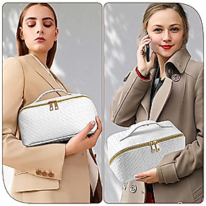 SFXULIX Large Capacity Travel Cosmetic Bag - Makeup Bag, PU Leather Waterproof Cosmetic Bag, Women Portable Travel Makeup Bag With Handle and Divider Flat Lay Makeup Organizer Bag, White