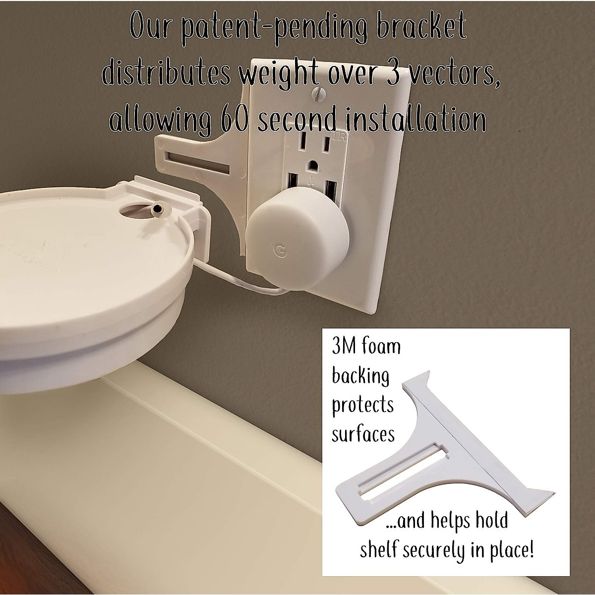 The Google Home Hub Nest Hub [Gen 1 and Gen 2] Mount for Electrical Outlets. Full Swivel. Installs in Seconds. Hidden Cord Storage. Award Winning Design. Works on All Vertical Outlets.